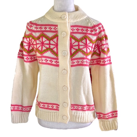 Vintage | Sweaters | Vintage Ivory Hot Pink Lime Green Fair Isle Chunky ...